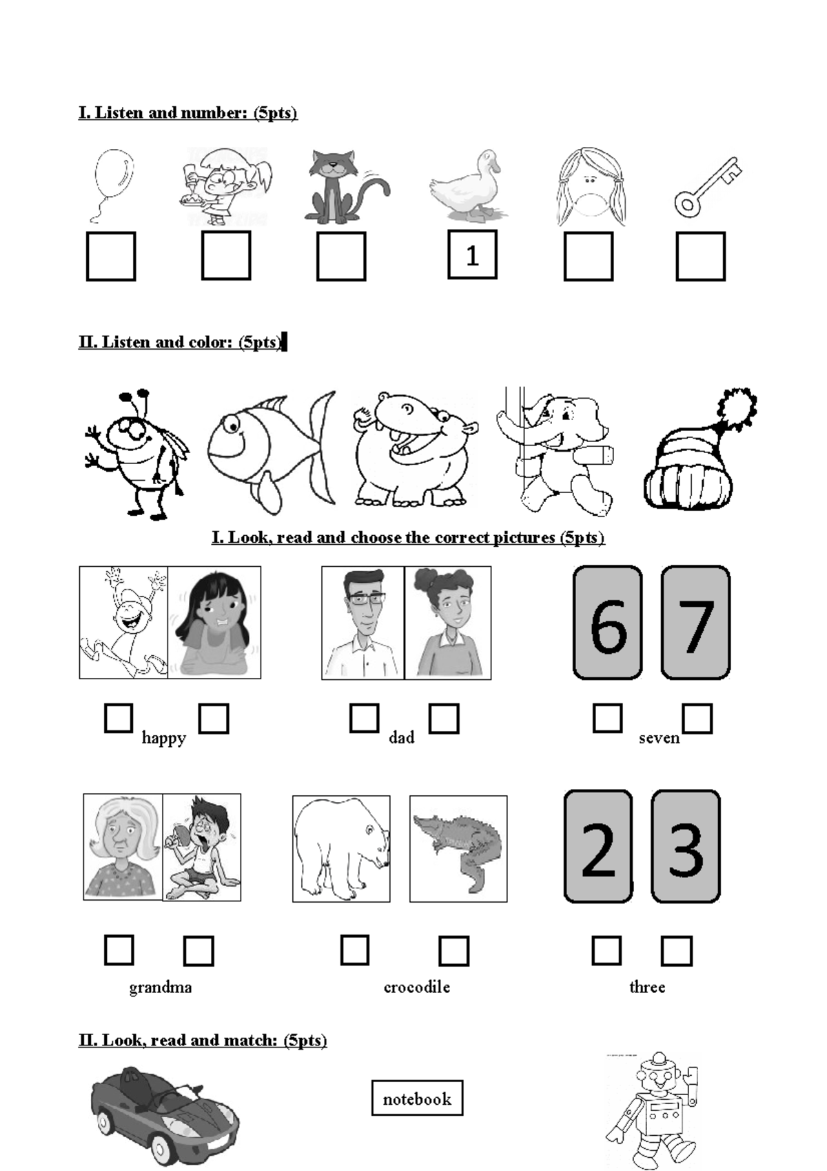 đề ôn k1 - a sample test - 1 I. Listen and number: (5pts) II. Listen ...