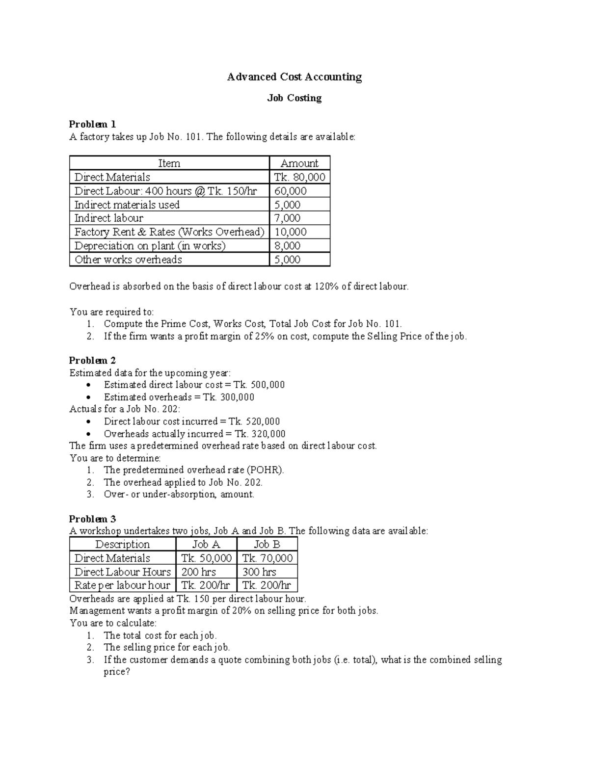 Problem Sheet ACA - Advanced Cost Accounting Practice Questions - Studocu