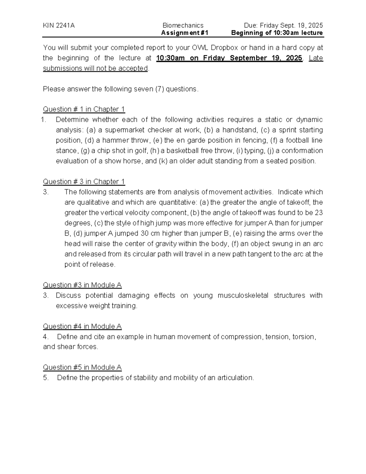 KIN 2241A Biomechanics Assignment 1: Analysis of Movement Activities ...
