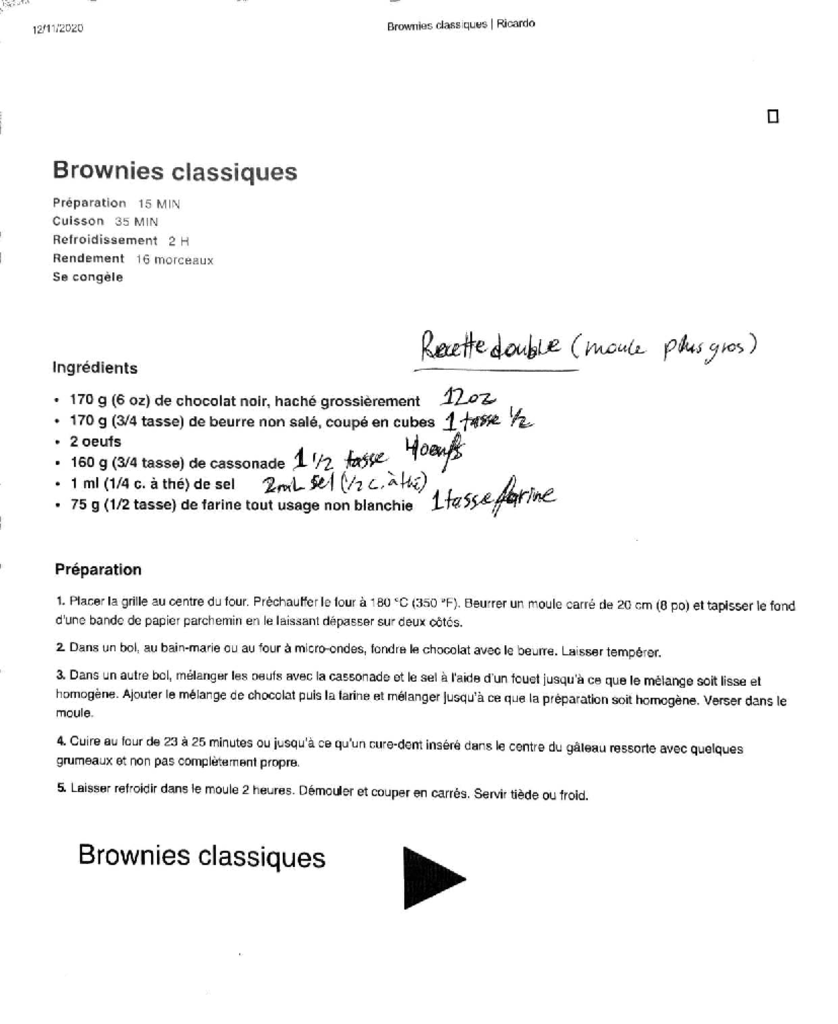 Recette de Brownies Classiques - Préparation et Cuisson - Studocu