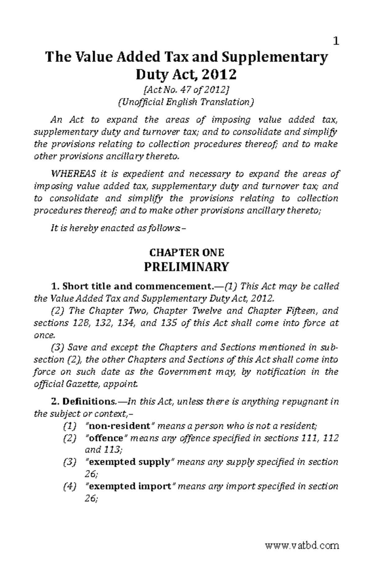 VAT and SD Act 2012: Comprehensive Overview and Key Provisions - Studocu