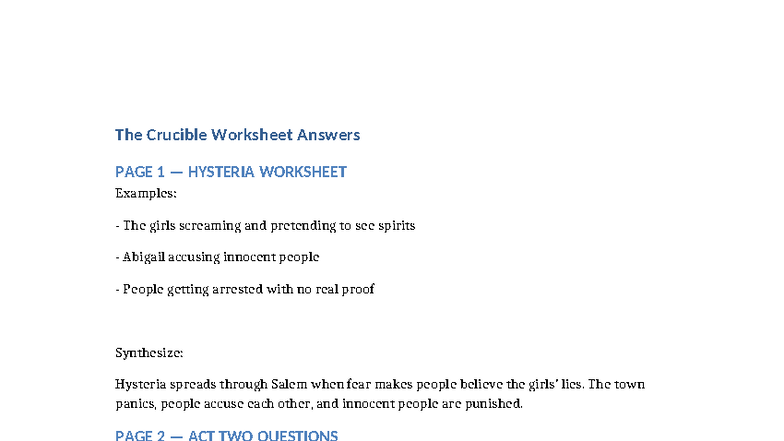The Crucible Worksheet Answers - Hysteria & Act Two Qs - Studocu