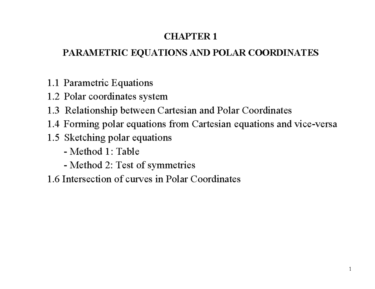 SSCM1023 Chapter 1: Parametric Equations & Polar Coordinates - Studocu