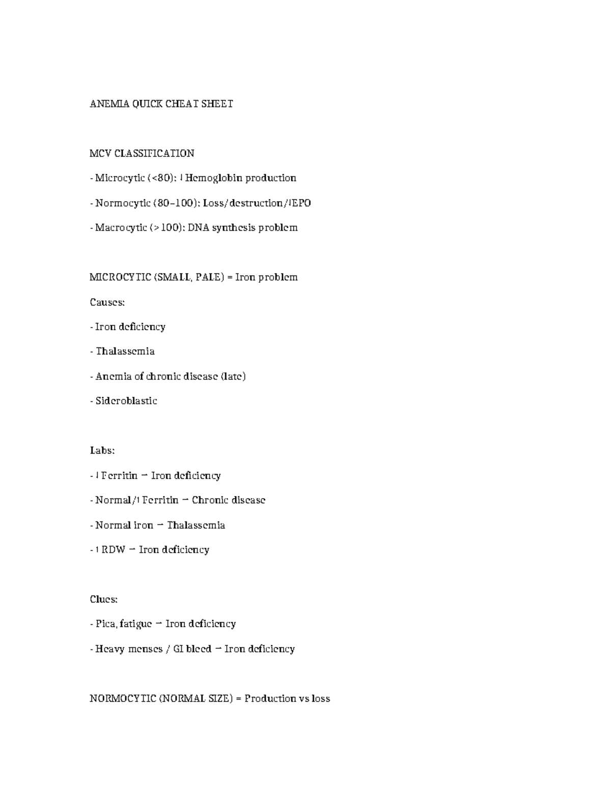 ANEMIA STUDY SHEET: MCV CLASSIFICATION & LABS - Studocu