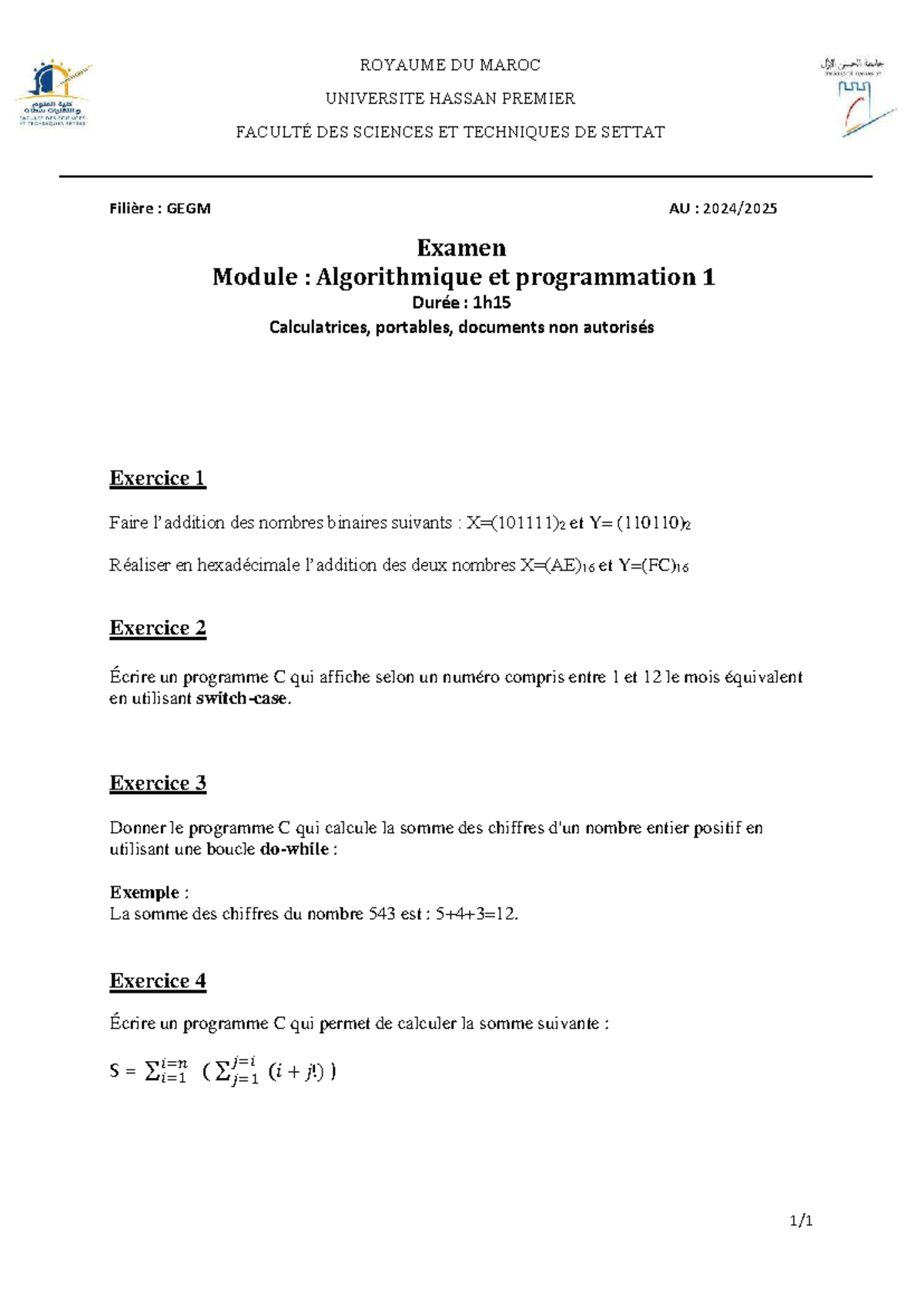Examen 2024-2025 - Algorithmique et Programmation 1 - GEGM - Studocu