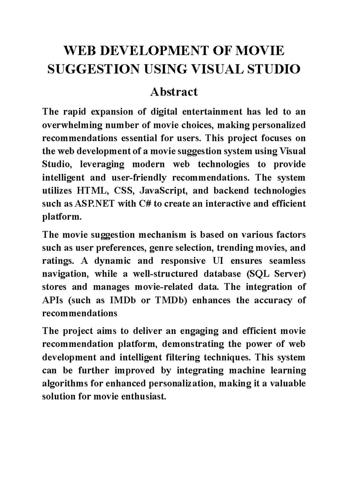 WEB DEV OF MOVIE SUGGESTION SYS USING VISUAL STUDIO - Studocu