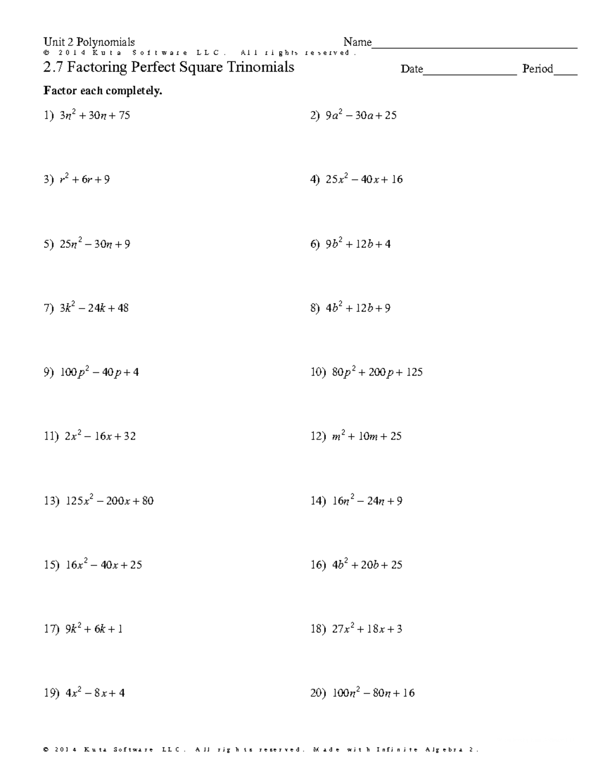 Factoring Perfect Square Trinomials Worksheet (Unit 2) - Studocu