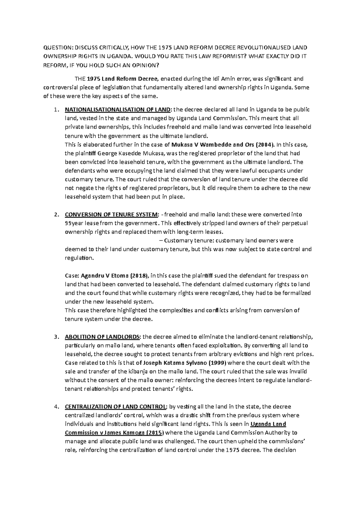 Analysis of the 1975 Land Reform Decree: Land Rights in Uganda - Studocu