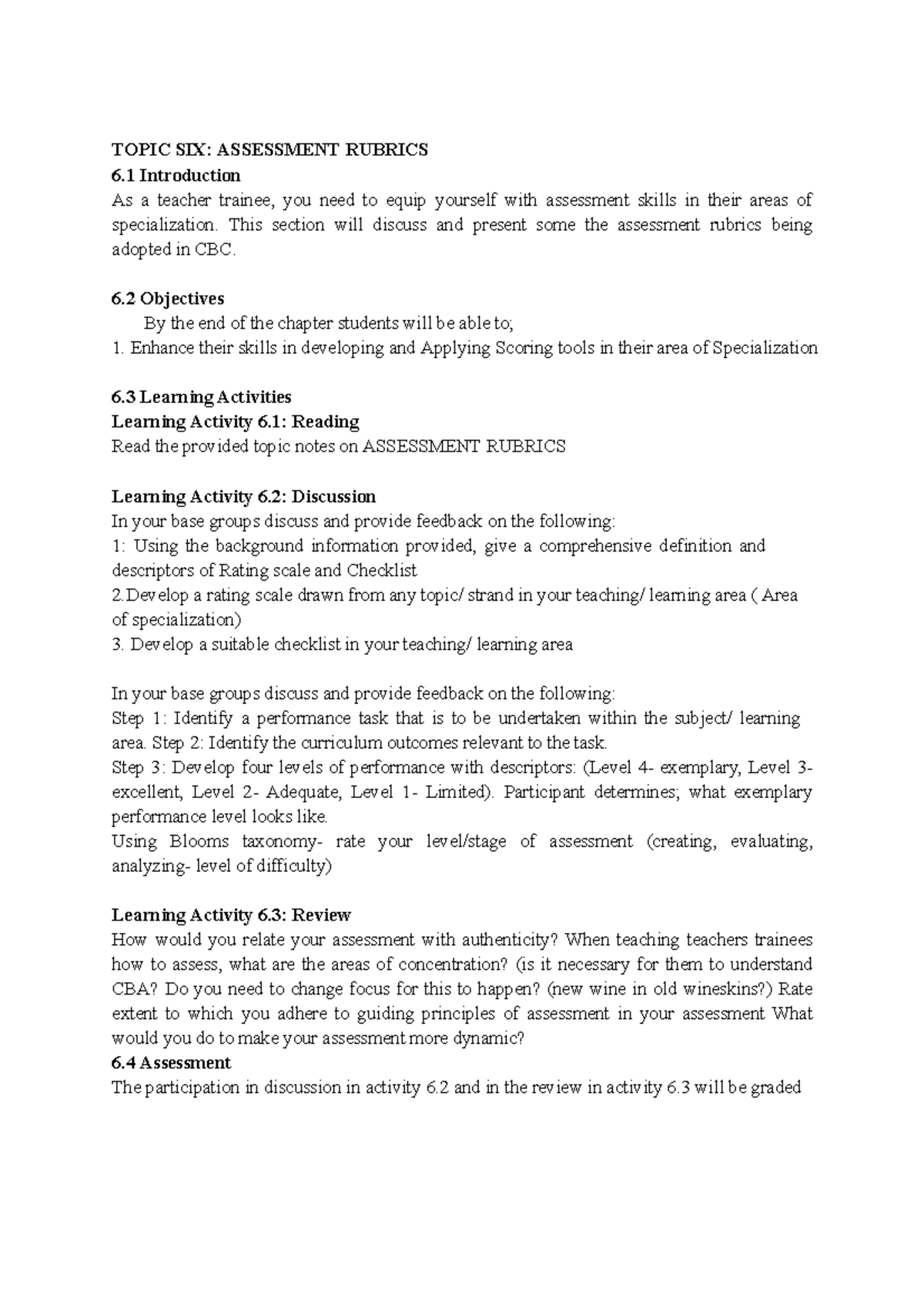 Topic SIX - for revision purposes - TOPIC SIX: ASSESSMENT RUBRICS 6 ...