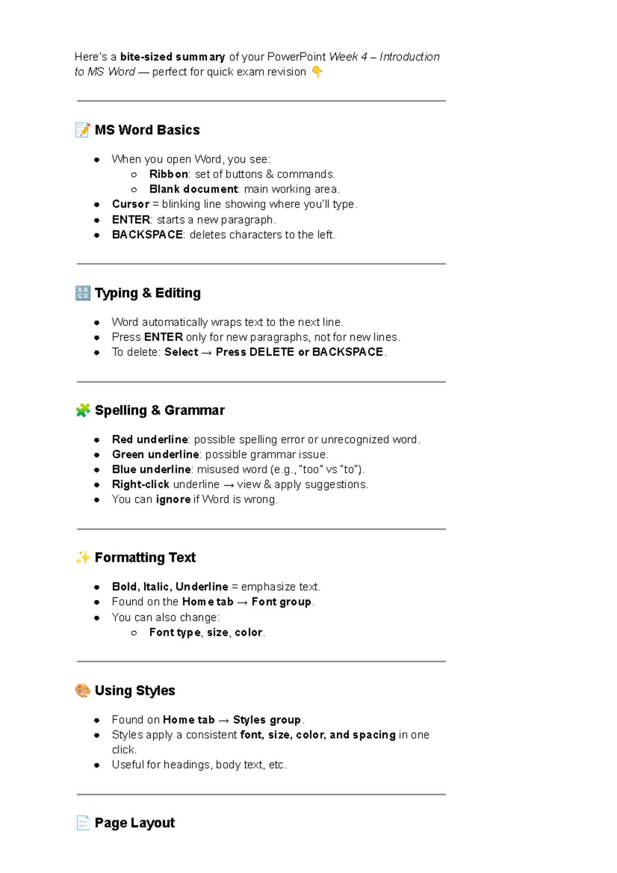 Week 4 MS Word Basics: Quick Exam Revision Summary - Studocu