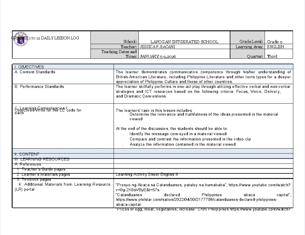 Grade 9 English Daily Lesson Log: Analyzing Literature & Budgeting ...