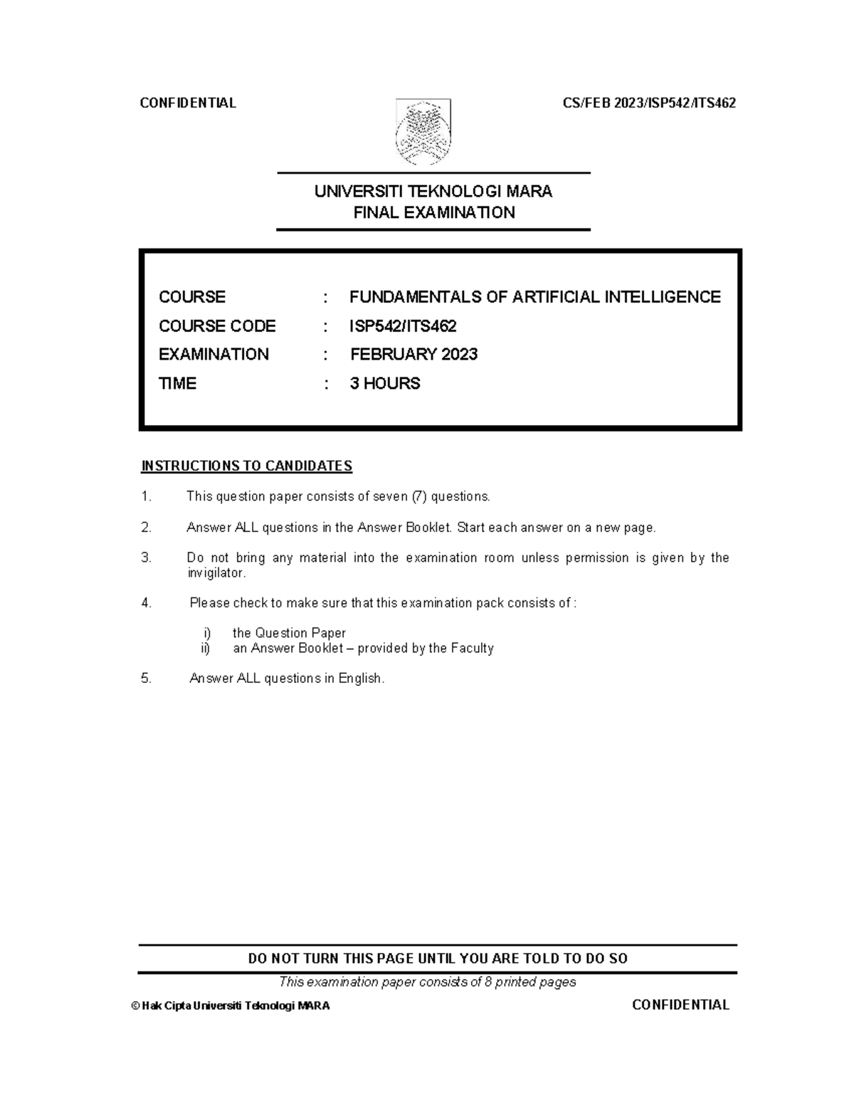 ISP542 ITS462 Final Exam: Fundamentals of Artificial Intelligence - Feb ...