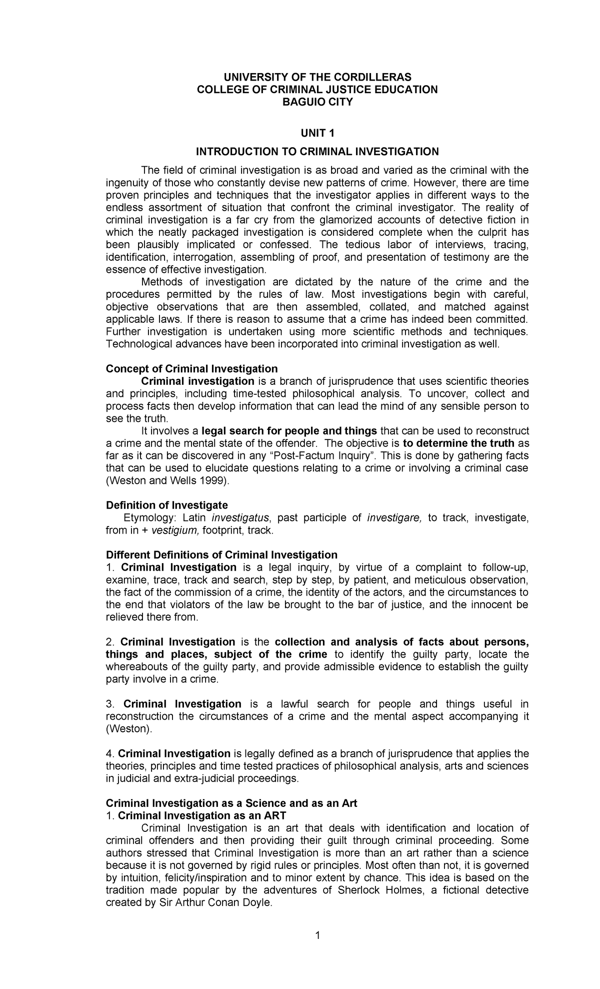 CDI 1: Introduction to Criminal Investigation Study Notes - Studocu