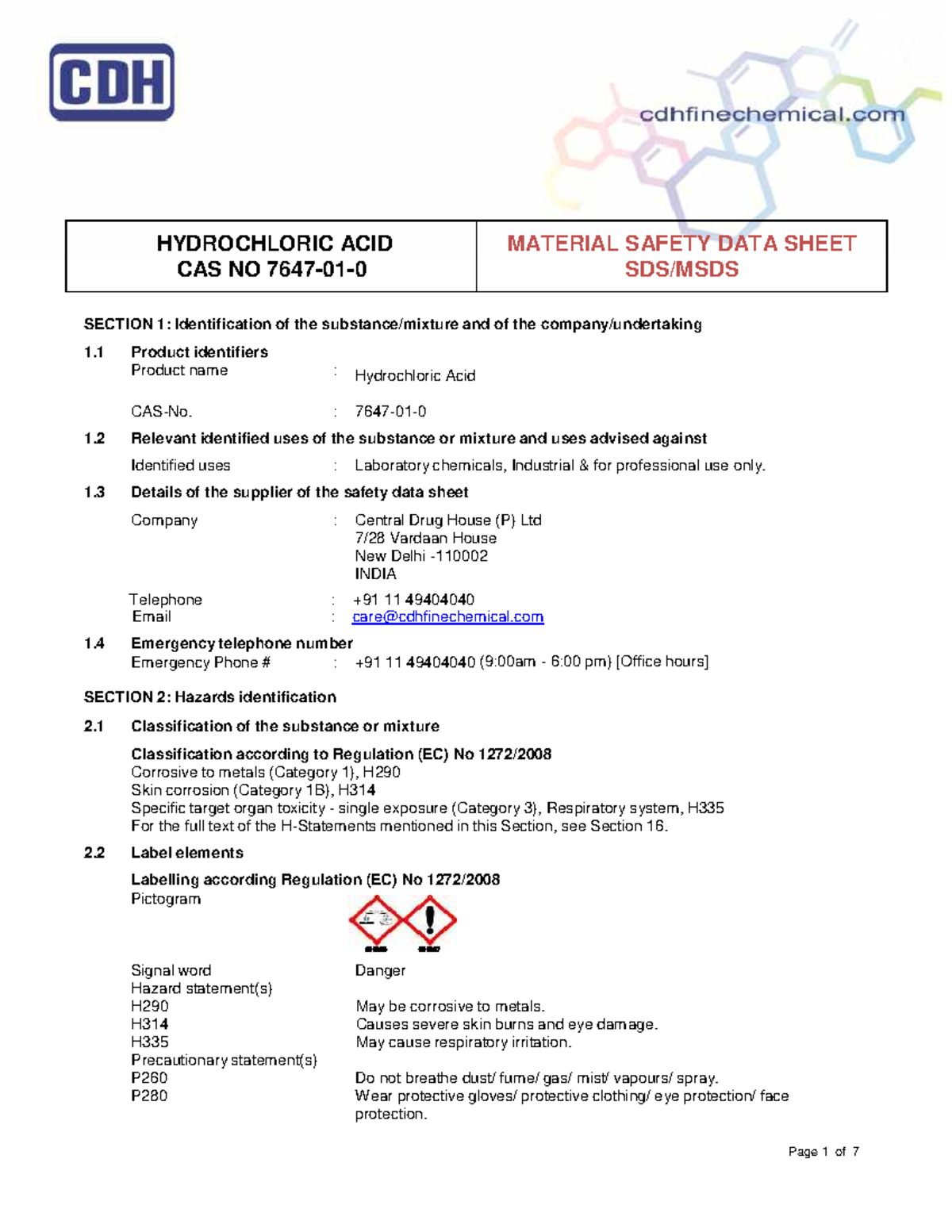 SDS for Hydrochloric Acid (CAS 7647-01-0) - Important Safety Info - Studocu
