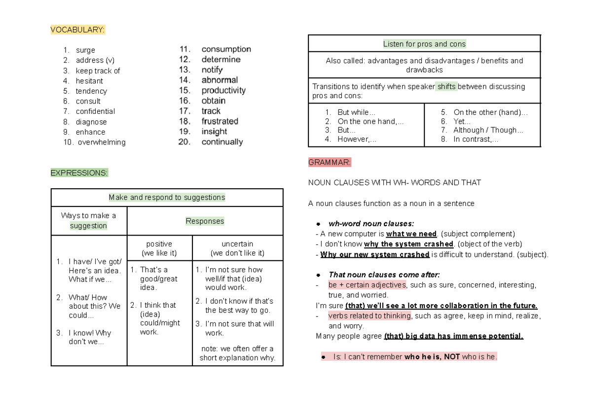 Advanced Vocabulary Summary: Pros and Cons (Part 2) - Studocu