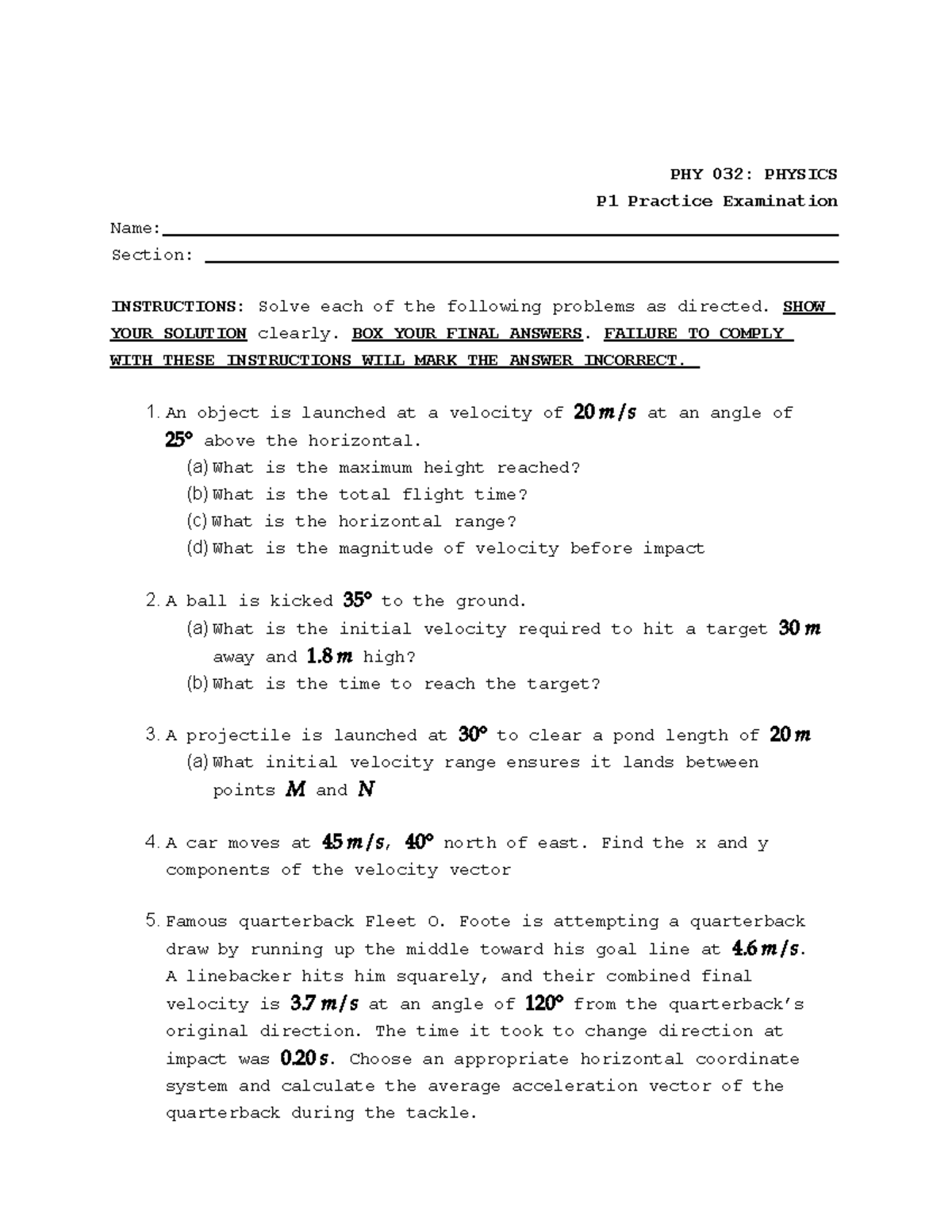 PHY 032: Physics P1 Practice Test Solutions and Instructions - Studocu