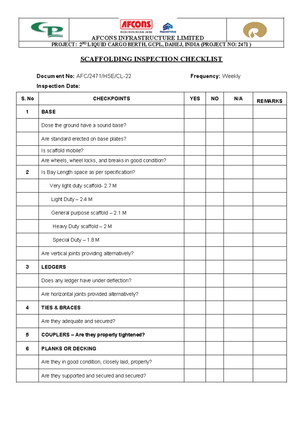 Scaffolding Inspection checklist - 22 - AFCONS INFRASTRUCTURE LIMITED ...