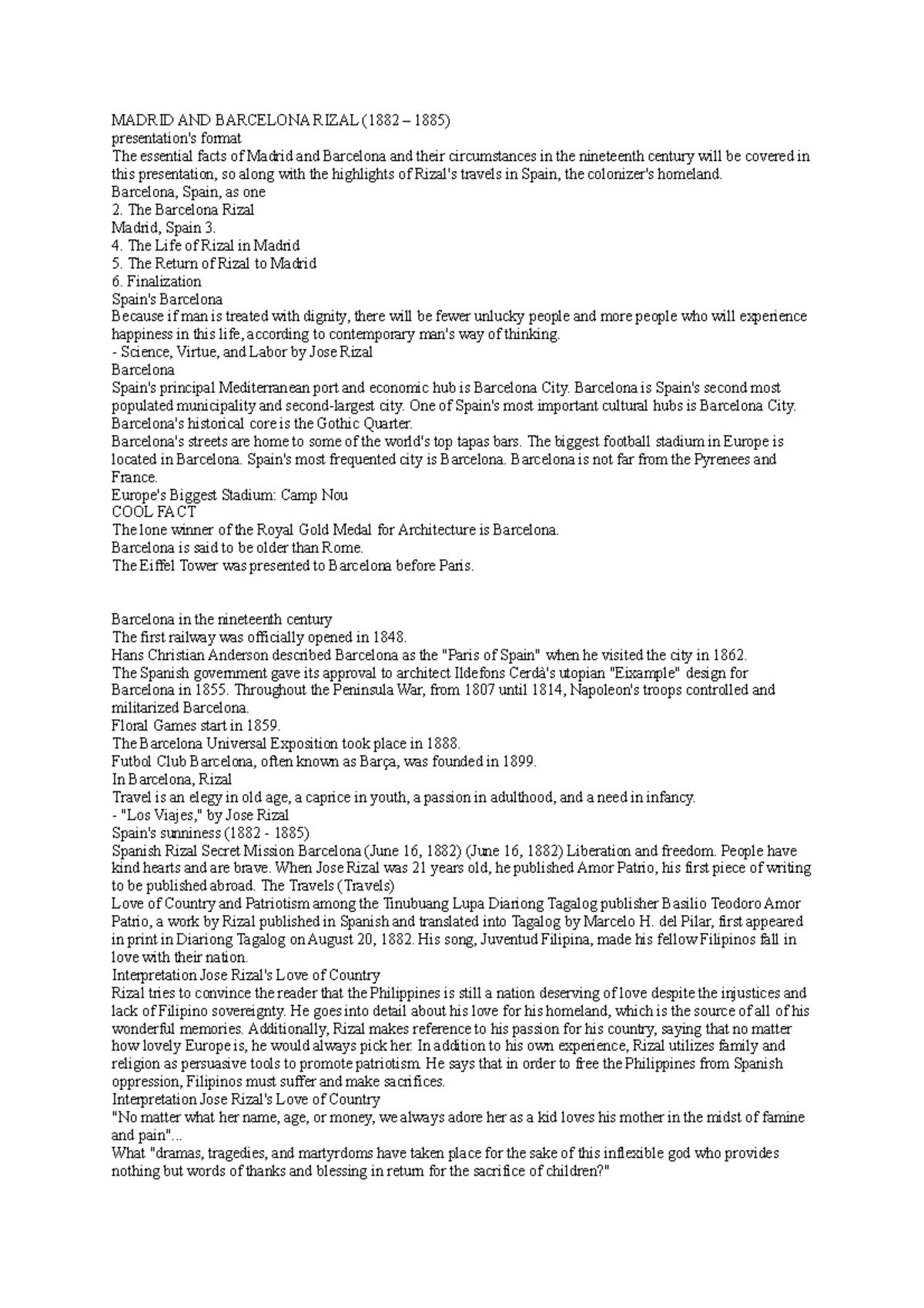 Rizal IN Madrid AND Barcelino - MADRID AND BARCELONA RIZAL (1882 – 1885 ...