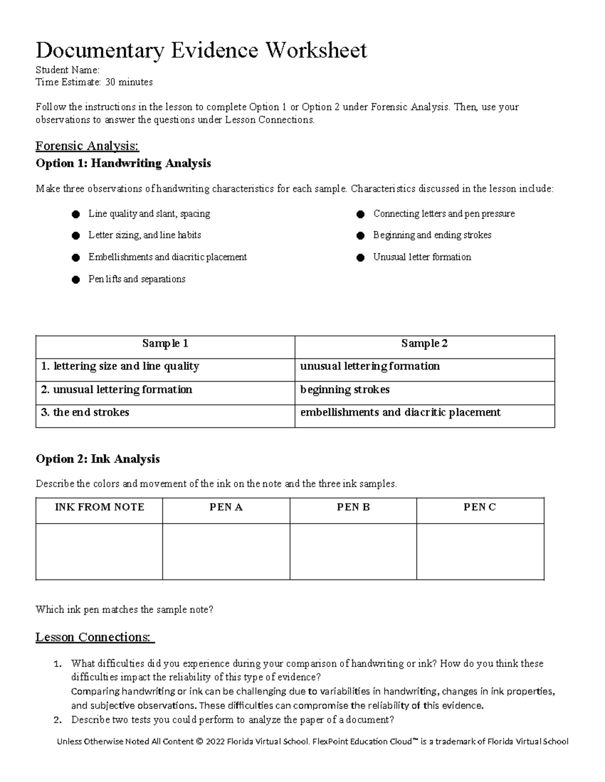 Forensic Analysis Worksheet: Handwriting & Ink Analysis (1.04) - Studocu