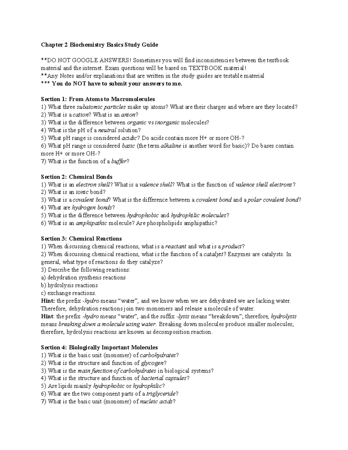 Chapter 2 Biochemistry Basics Study Guide (Spring 2026) - Studocu