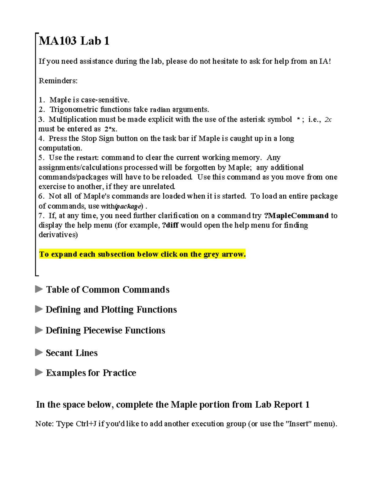 MA103 Lab 1: Maple Worksheet and Command Guide - Studocu