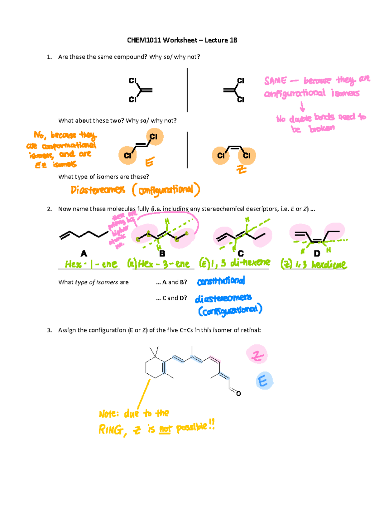 CHEM1011 Worksheet Lecture 18: Isomers and Configurations - Studocu