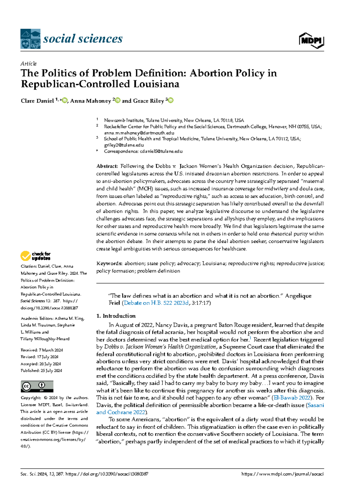 The Politics of Problem Definition: Abortion Policy in LA Post-Dobbs ...