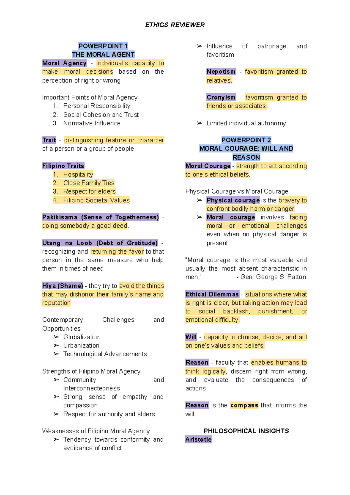 ETHICS REVIEWER: MORAL AGENCY, COURAGE, AND VIRTUE ETHICS - Studocu