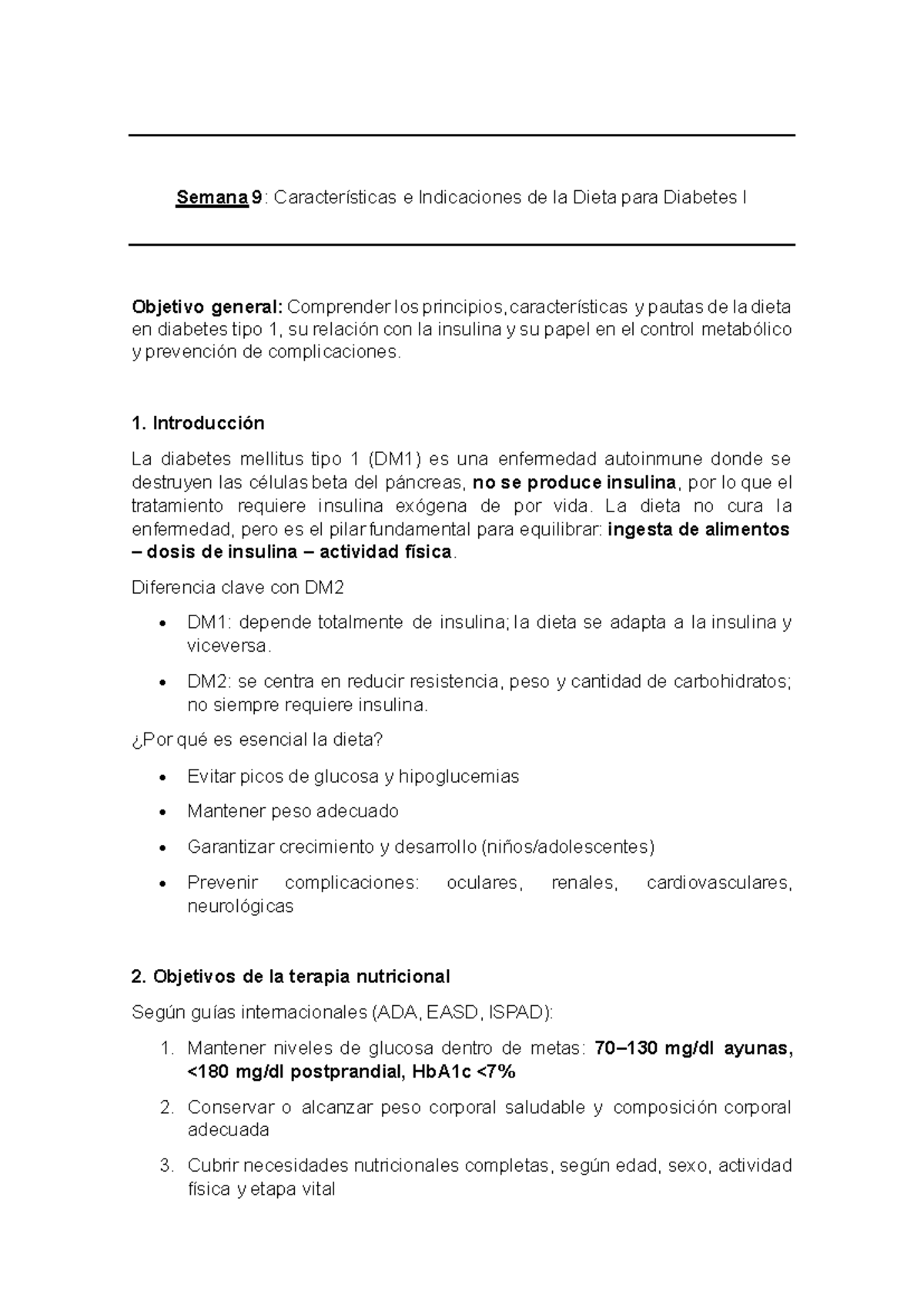 Semana 9: Dieta para Diabetes Tipo 1 - Características y Pautas - Studocu
