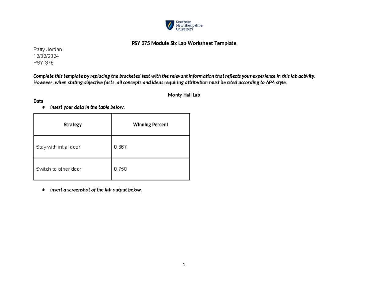 PSY 375 Final Lab Worksheet: Monty Hall & Wason Selection Tasks - Studocu