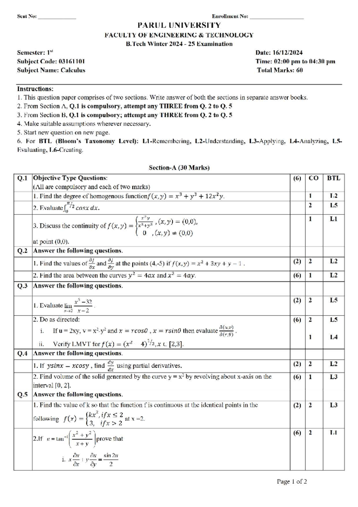 Calculus Exam Paper - 03161101 - Winter 2024 - Parul University - Studocu