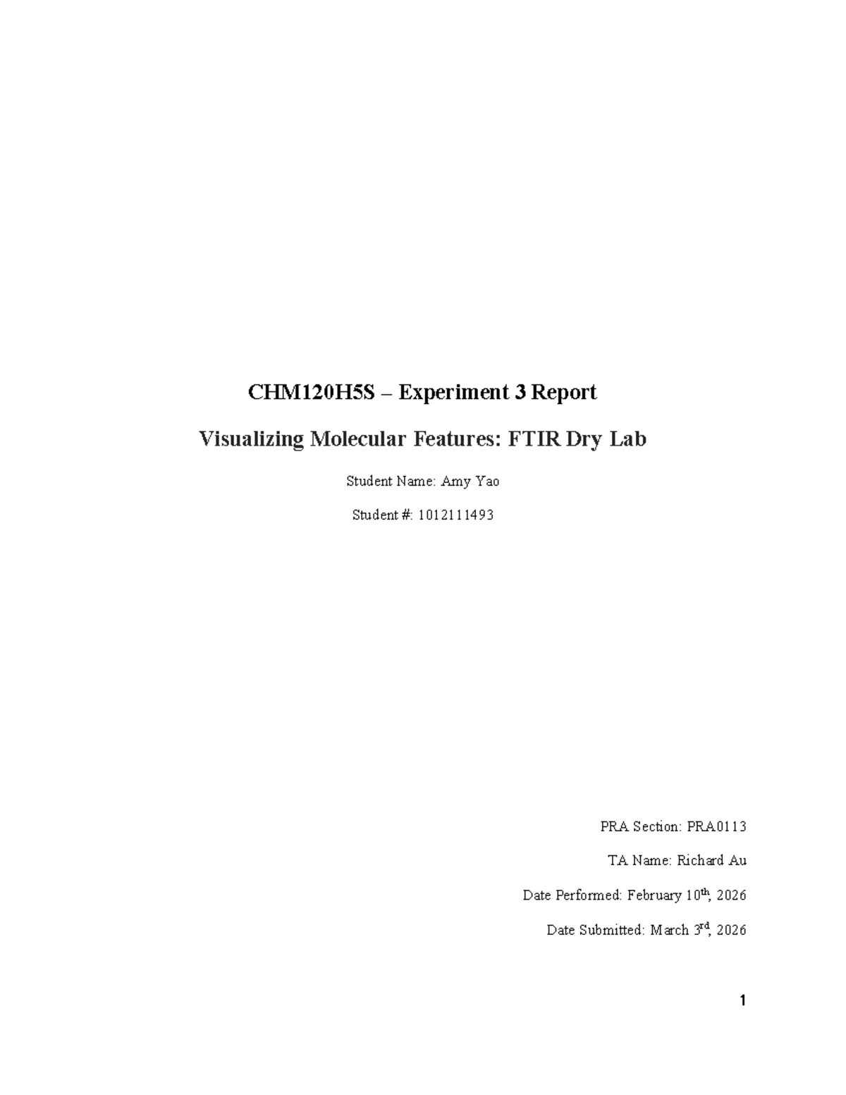 CHM120H5S Experiment 3 Report: FTIR Molecular Visualization - Studocu