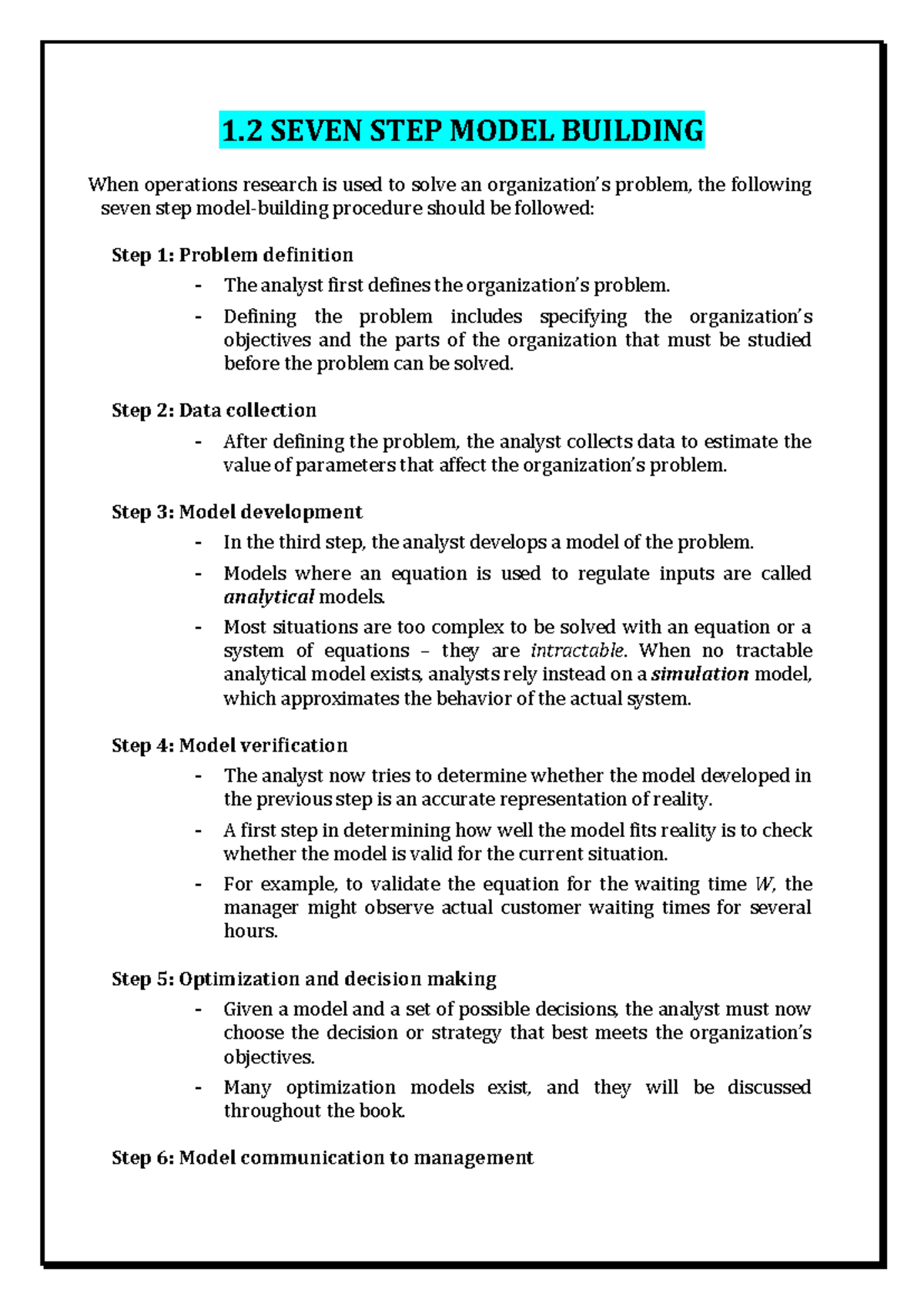 1.2 Seven-Step Model Building Procedure in Operations Research - Studocu