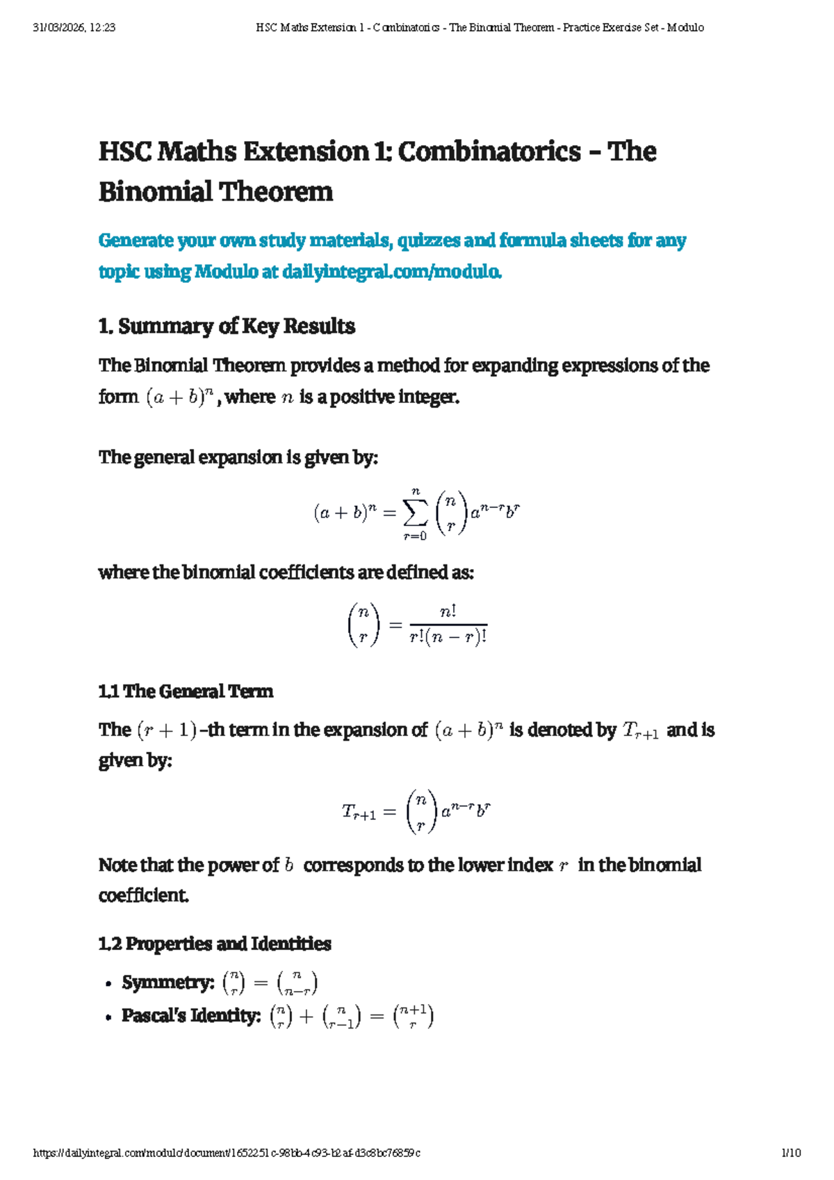 HSC Maths Extension 1: Combinatorics - Binomial Theorem Practice Set ...