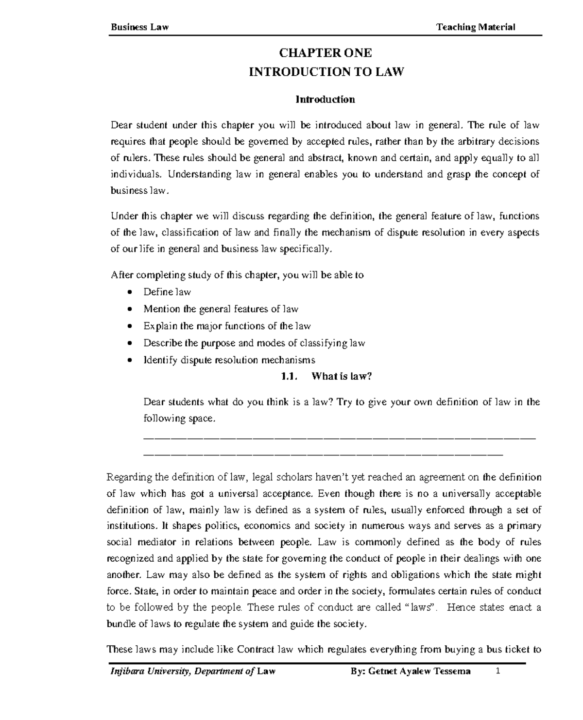 Business Law Teaching Material: Chapter 1 - Introduction to Law - Studocu