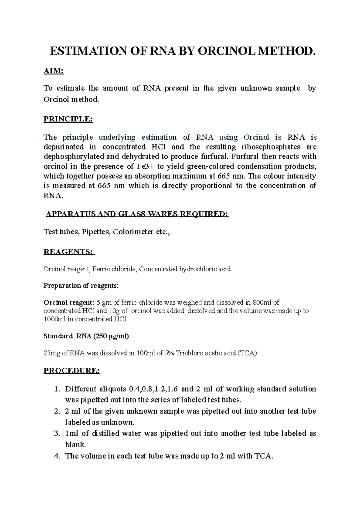 Estimation of RNA by Orcinol Method & DNA Topology Concepts - Studocu