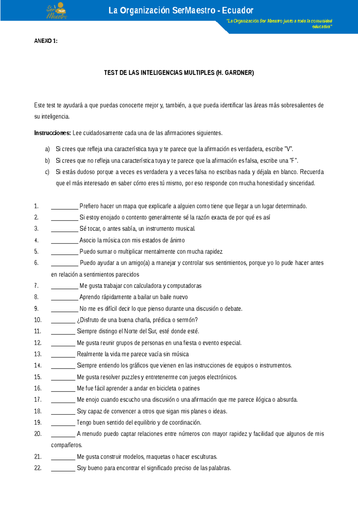 TEST DE LAS INTELIGENCIAS MÚLTIPLES (H. GARDNER) - ANEXO 1 - Studocu