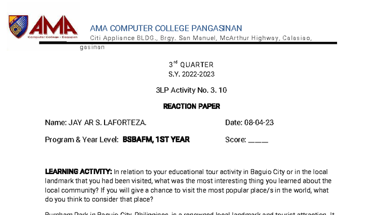 BSBAFM 1ST YEAR 3rd Qtr Activity 3: Reaction Paper on Baguio Tour - Studocu