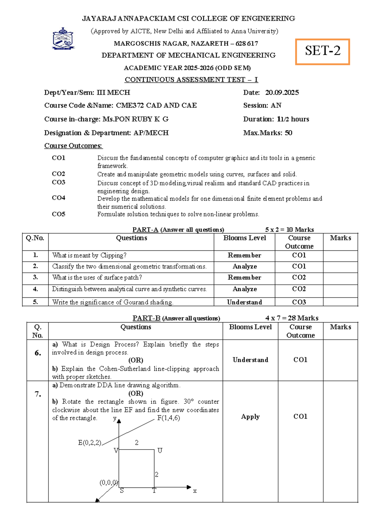 CME372 CAD & CAE Continuous Assessment Test I - Set 2 - Studocu