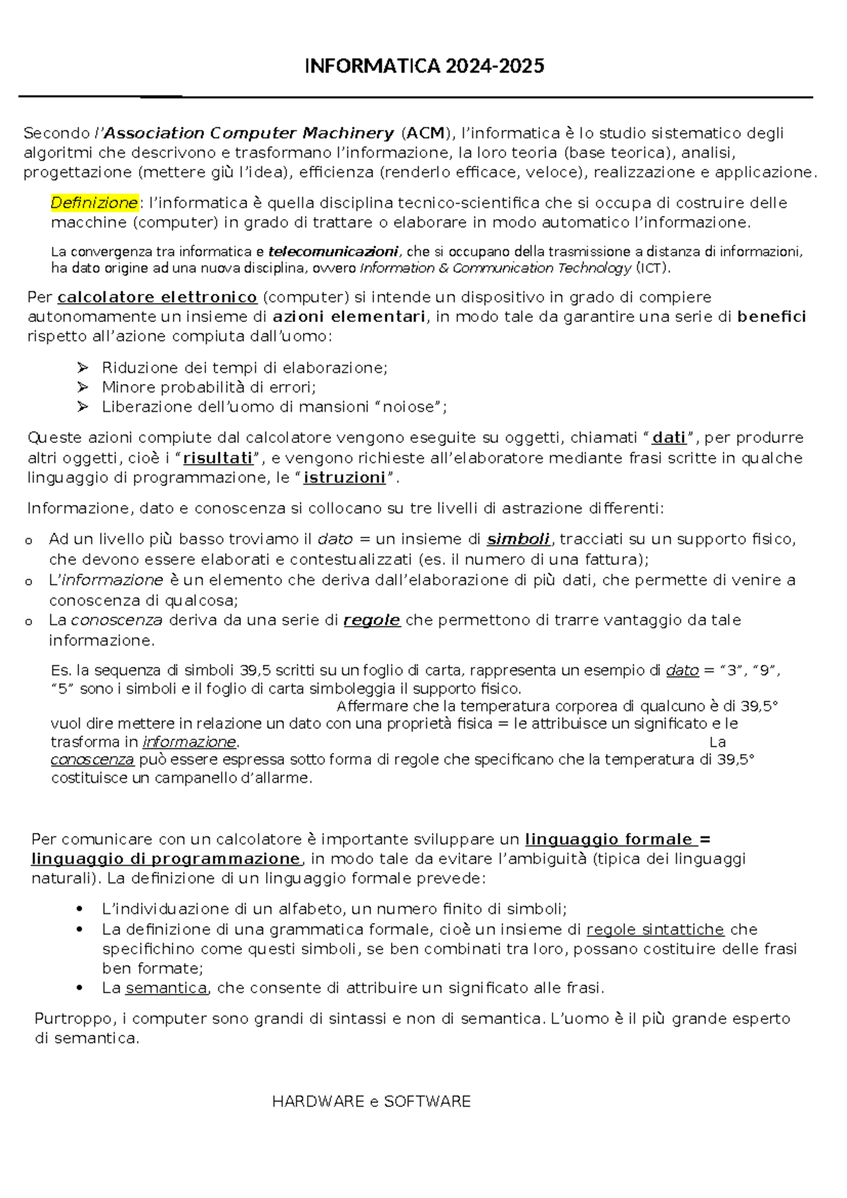 Informatica 2024 - Appunti di Lezione sul Linguaggio dei Computer - Studocu