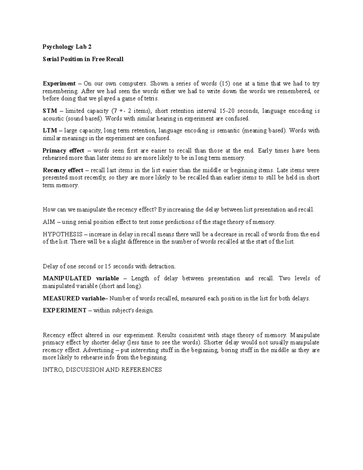 Psych Lab 2 - Serial Position Effect - Psychology Lab 2 Serial Position ...