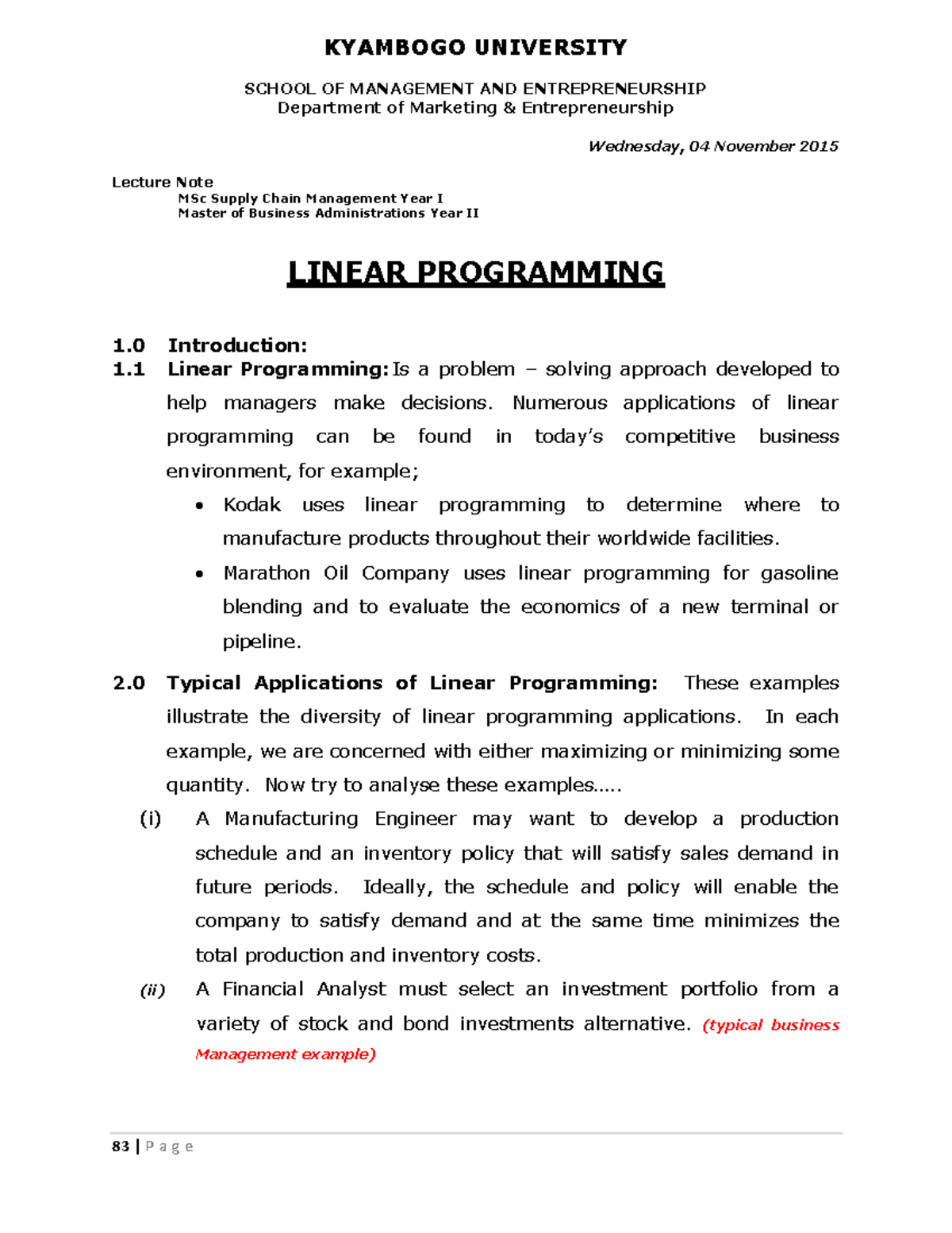 MBA 811 Lecture Notes on Linear Programming Concepts and Applications ...