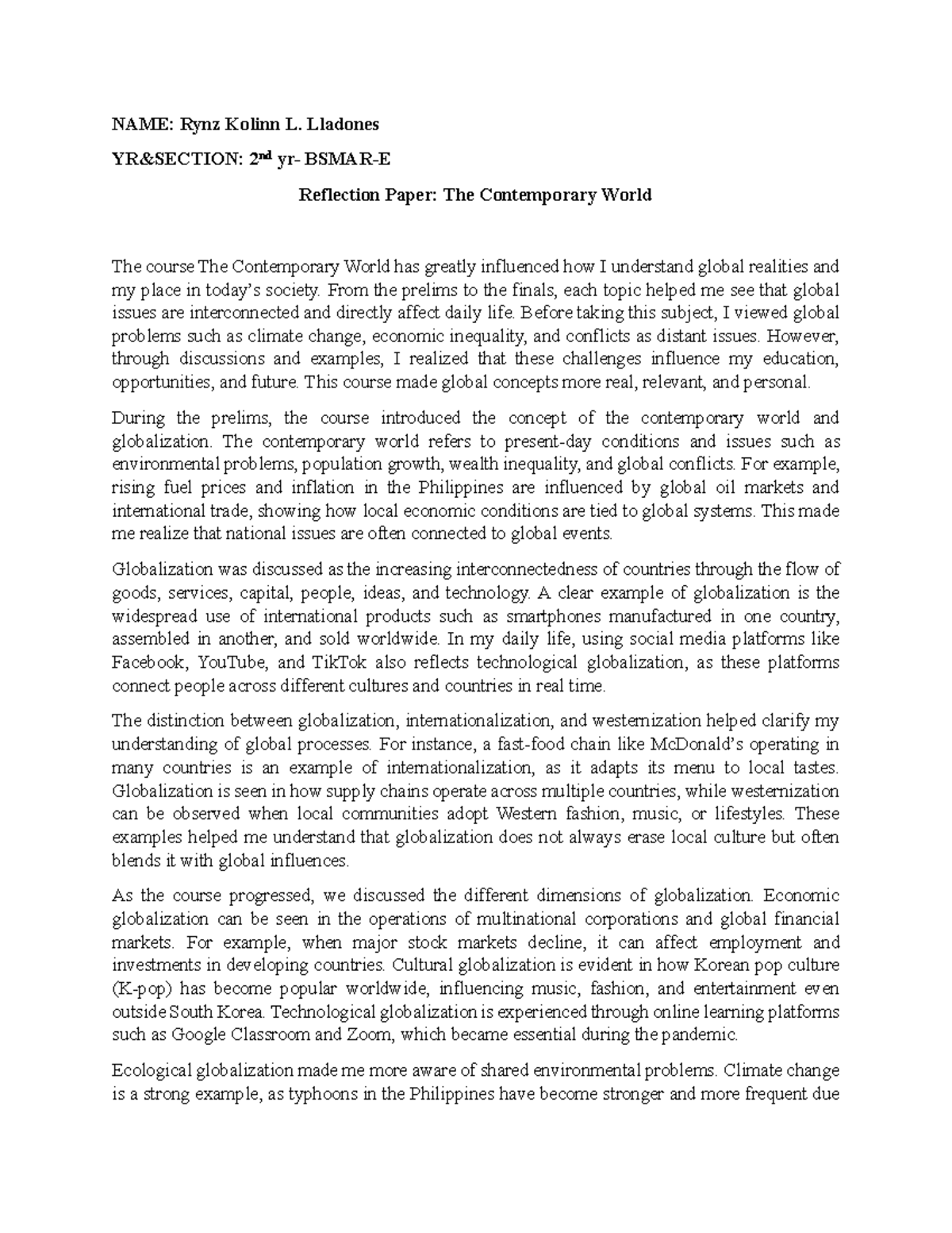 Reflection Paper: Understanding Globalization in The Contemporary World - Studocu