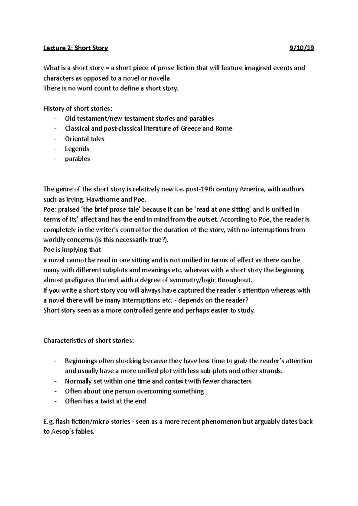 Short Story Analysis Lecture Notes (Semesters 1 & 2) - Studocu