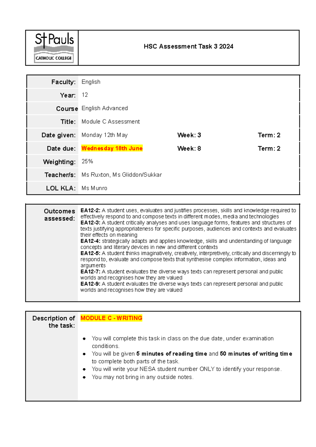 Year 12 English Advanced Assessment Task 3: Module C Writing ...