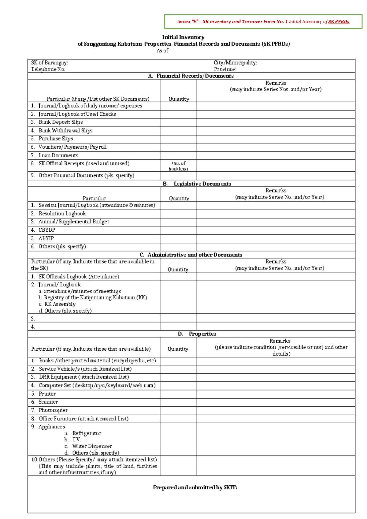Annex E - Initial Inventory of SK PFRDs & Turnover Form No. 1 - Studocu