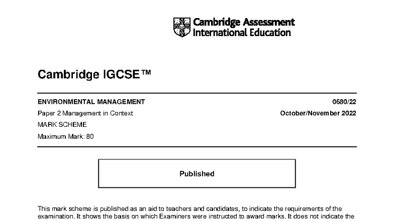 Cambridge IGCSE ENVIRONMENTAL MANAGEMENT 0680 W22 Paper 2 Mark Scheme ...