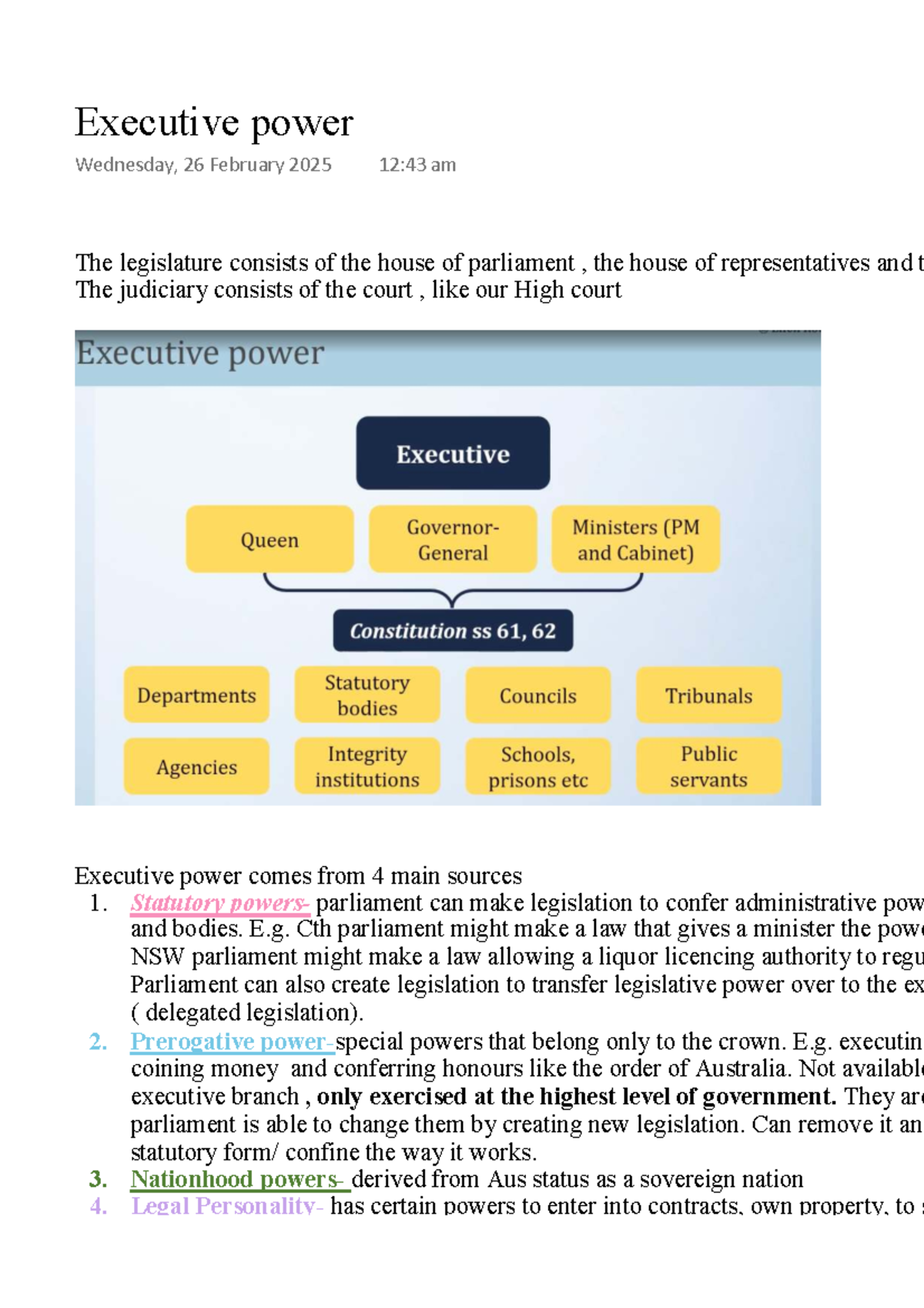 Executive Power Overview: Sources and Legislative Framework - Studocu