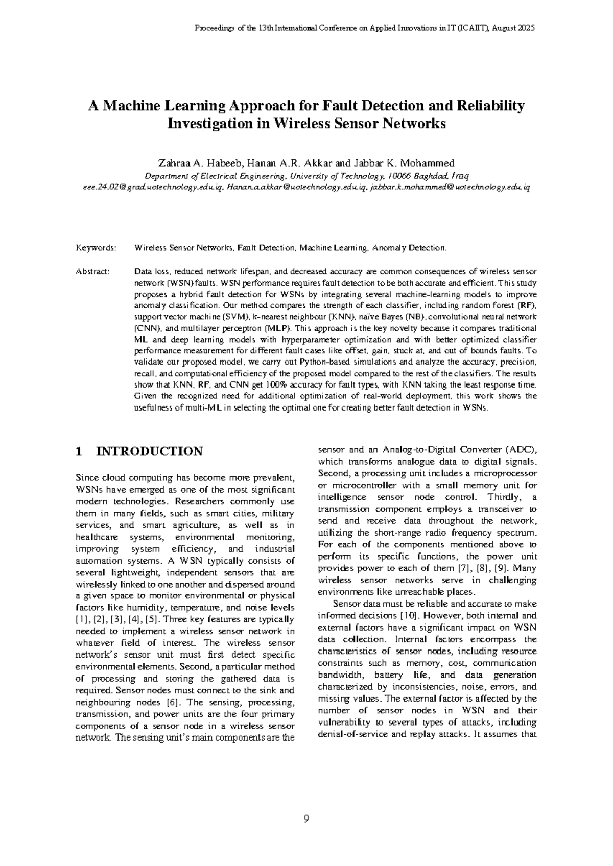 ICAIIT 2025: Machine Learning for Fault Detection in Wireless Sensor ...