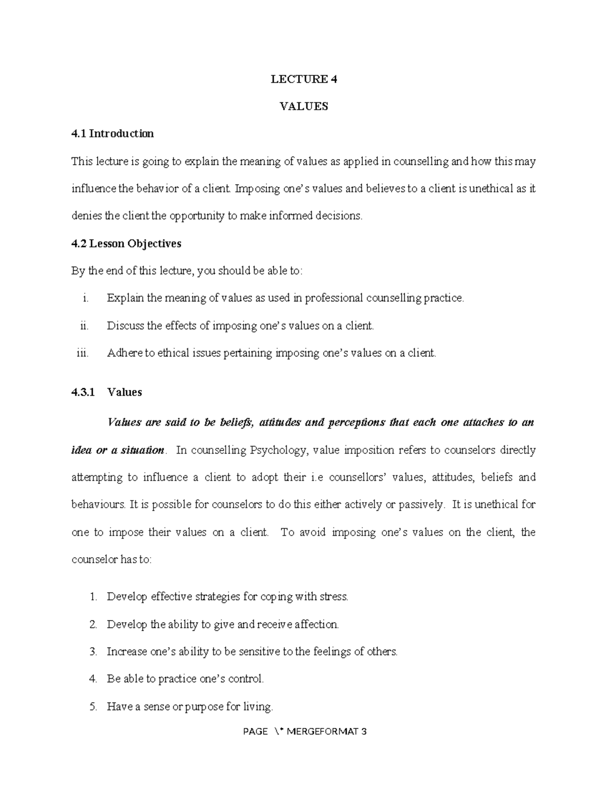 APS 424 Lecture 4: Understanding Values in Counselling Practice - Studocu